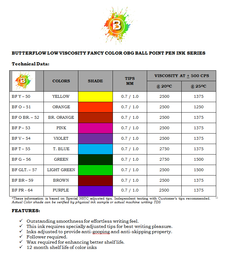 5.BUTTERFLOW LOW VISCOSITY FANCY COLOR OBG BALL POINT PEN INK SERIES ...