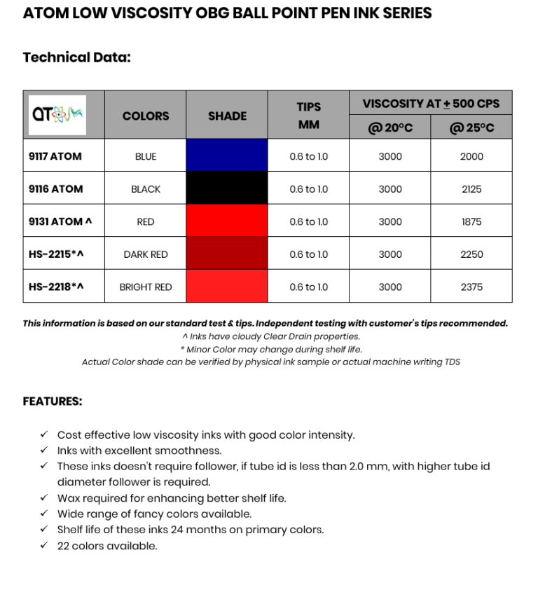 1.ATOM LOW VISCOSITY OBG BALL POINT PEN INK SERIES – Welcome Hishineinks