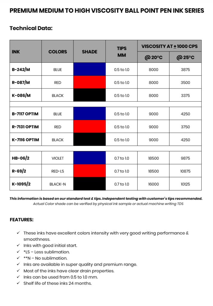 4.PREMIUM MEDIUM TO HIGH VISCOSITY BALL POINT PEN INK SERIES – Welcome ...