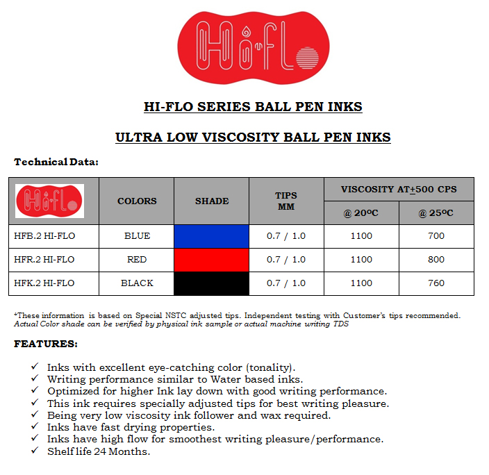 HI-FLO SERIES BALL PEN INKS ULTRA LOW VISCOSITY BALL PEN INKS – Welcome ...