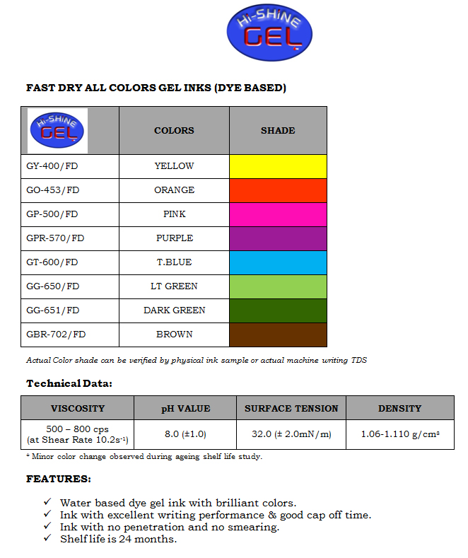 FAST DRY ALL COLORS GEL INKS (DYE BASED) – Welcome Hishineinks